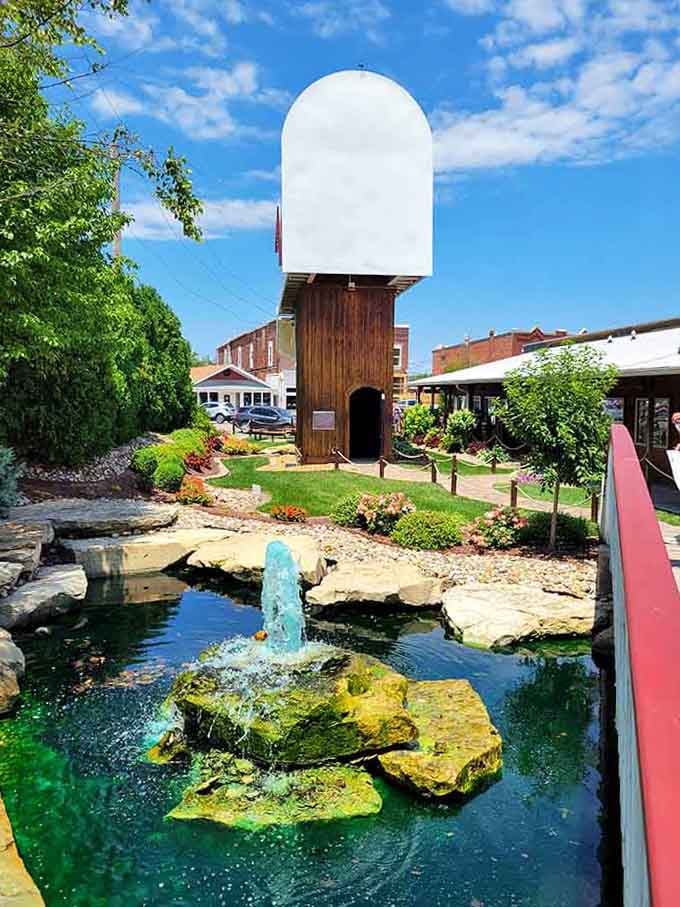 This whimsical water tower doubles as a fountain centerpiece, proving Casey takes its quirky charm seriously down to details.
