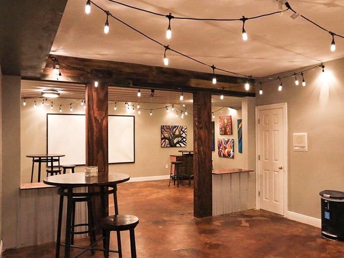 String lights and exposed beams create an atmosphere where sophistication meets down-home comfort perfectly.