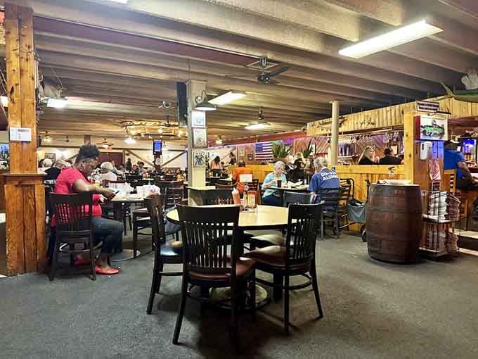 Wood beams, barrels, and happy diners create the perfect atmosphere for your seafood marathon.