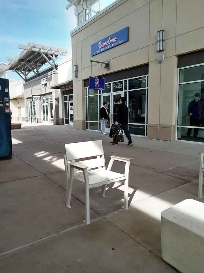 Comfortable seating areas dot the outdoor plaza, perfect for resting those shopping-weary feet between stores.