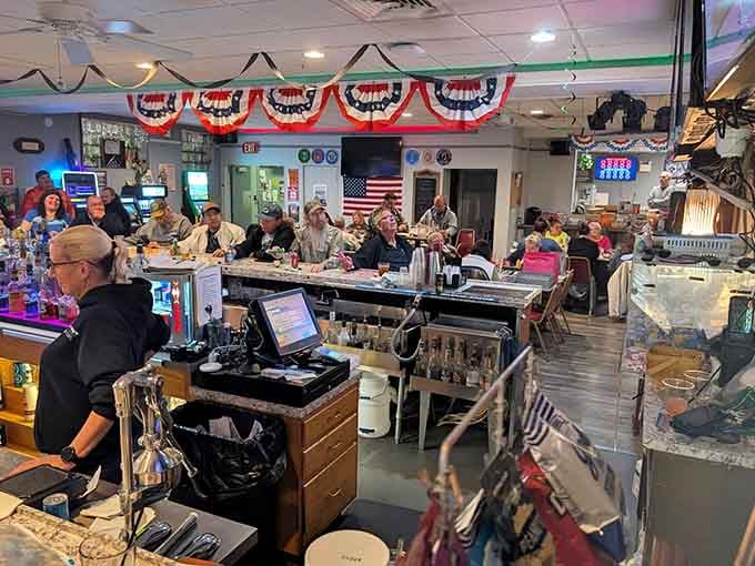 Patriotic bunting, friendly faces, and a bustling bar prove community and great food go hand in hand.