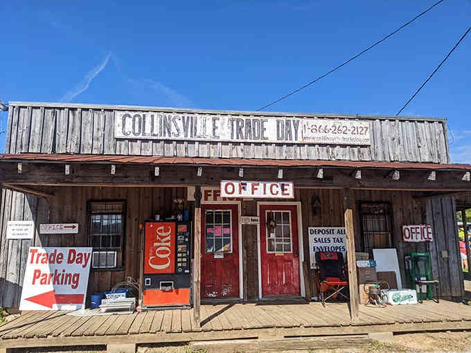 This weathered office has more character than most modern buildings, complete with a vintage Coca-Cola machine standing guard.