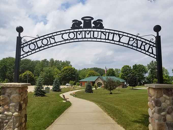Even the park entrance arch has more character than most modern subdivisions, welcoming you to genuine community gathering space.