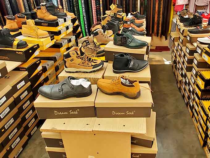 Footwear options stretching as far as the eye can see, because comfortable shoes are non-negotiable here.