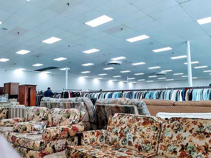 Rows of furniture and clothing stretch endlessly under bright lights, making treasure hunting actually possible here.