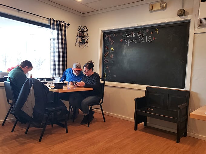 The cozy dining room feels like your favorite neighborhood spot, complete with chalkboard specials and comfortable seating for lingering meals.