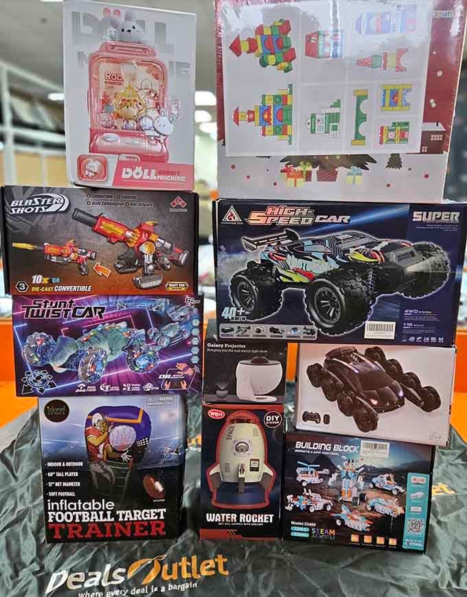 From remote-control cars to building sets, this display proves that saving money doesn't mean settling for boring toys.