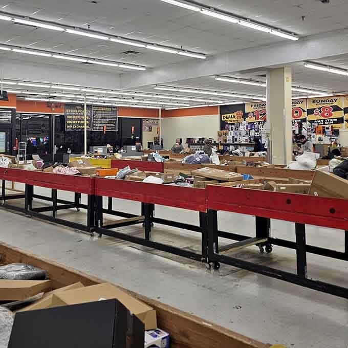 Long tables stretching into the distance like a treasure hunter's dream&mdash;who knows what gems are hiding in those bins?