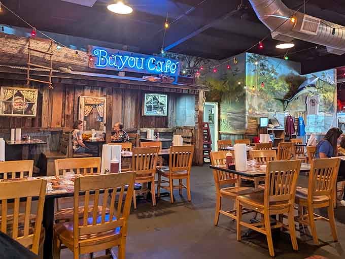 Step inside and you're transported straight to bayou country, complete with swamp murals and that welcoming blue neon glow.