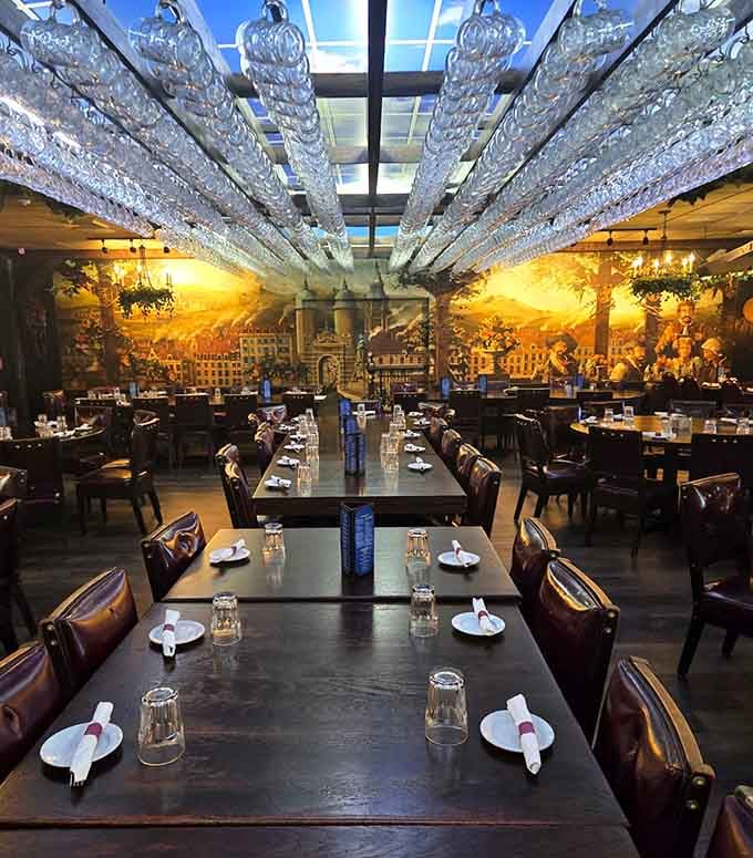 Those beer steins hanging from the ceiling create a glittering canopy that's part art installation, part promise.