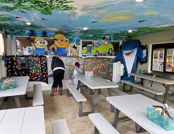 Minions, sharks, and classic cars create a whimsical dining room that makes every meal an adventure.