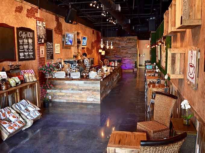 Reclaimed wood and Edison bulbs create an atmosphere that makes you want to cancel your afternoon plans indefinitely.