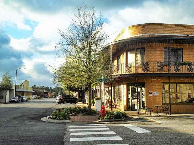 Downtown Fairhope proves small-town America still knows how to do streetscapes right, rainbow included for dramatic effect.