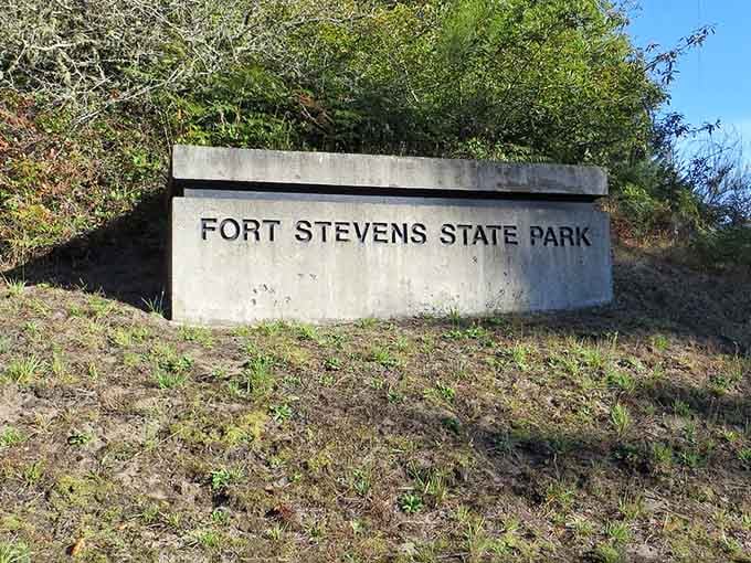 This weathered concrete sentinel has been greeting visitors since the fort's active duty days ended decades ago.