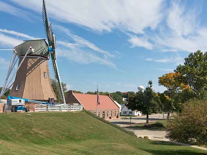 The windmill rises above Heritage Canyon like Illinois decided to borrow a piece of the Netherlands and never gave it back.