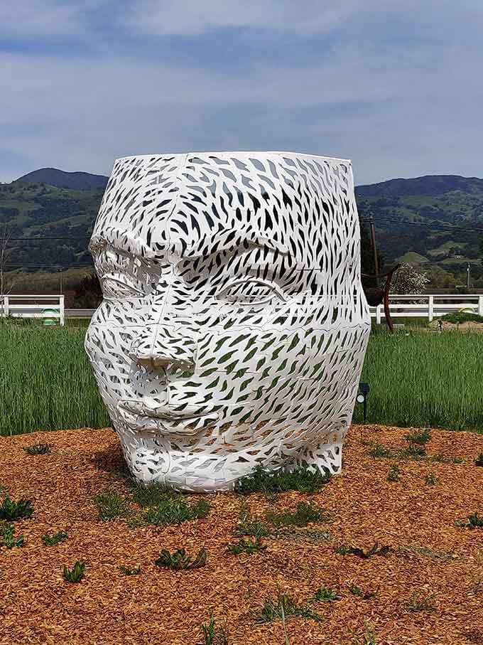This white sculptural vessel looks like someone froze a tornado mid-spin, creating windows into the rolling hills beyond.