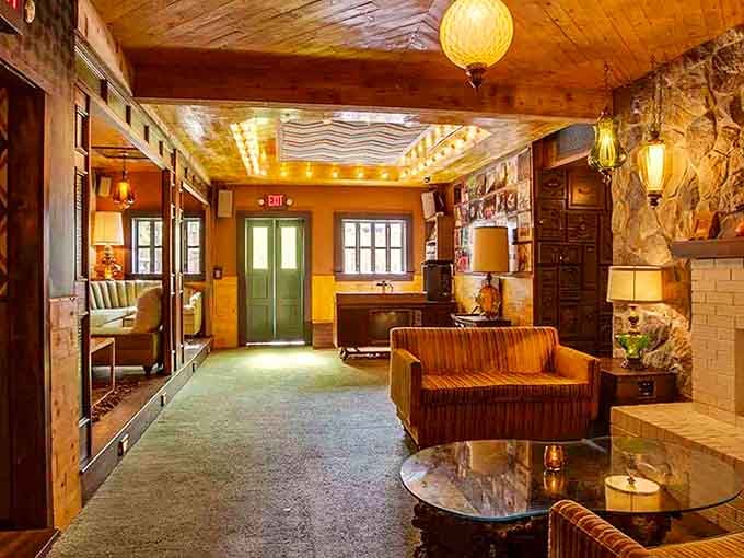 Wood paneling and warm lighting create the perfect '70s basement vibe, minus your uncle's questionable decorating choices.