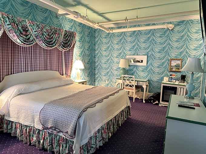 Those aqua drapes cascade like frozen waterfalls, proving that more is definitely more when it comes to Victorian elegance.