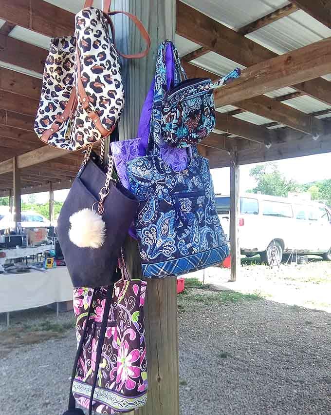 Purses hanging like colorful fruit from a fashionista's dream tree, each one waiting for its perfect match.