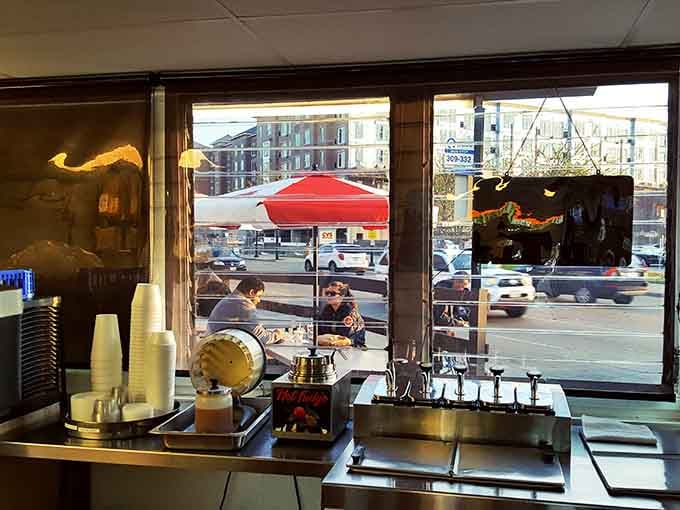 Through the window, you can watch your burger being assembled, which is either reassuring or terrifying.