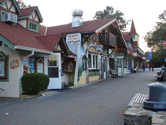 Alpine storefronts serving burgers alongside bratwurst is the kind of cultural mashup that just works beautifully.
