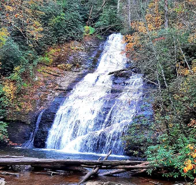 Two tiers of pure mountain magic cascading down like nature's own fountain show, minus the admission fee.
