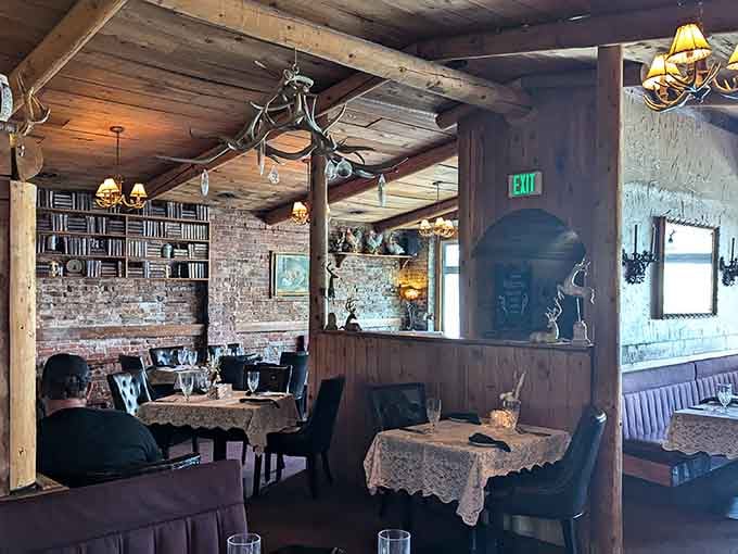 Exposed brick, warm wood paneling, and lace tablecloths create an Old World charm you can't fake.