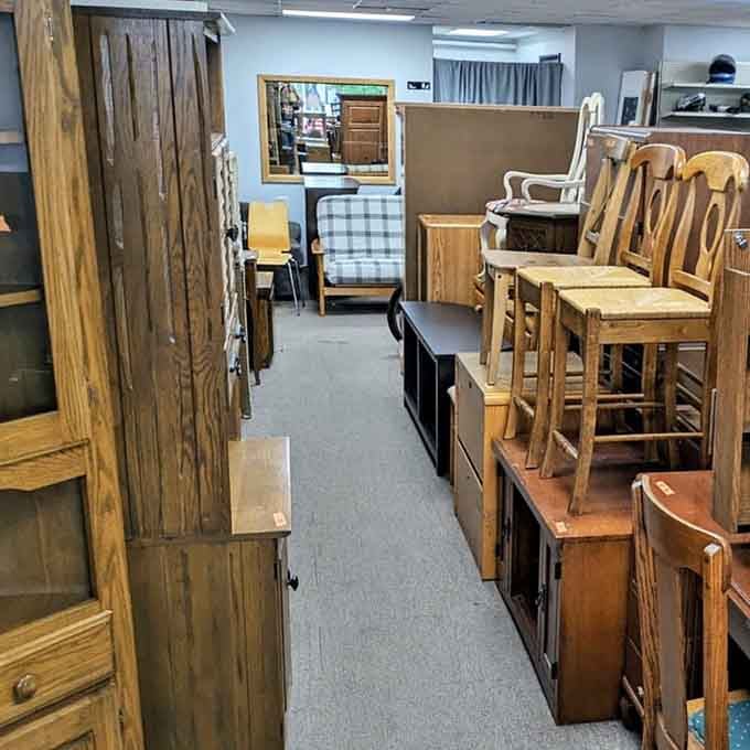 Furniture aisles that stretch like a wooden wonderland, where your next dining room set awaits discovery.