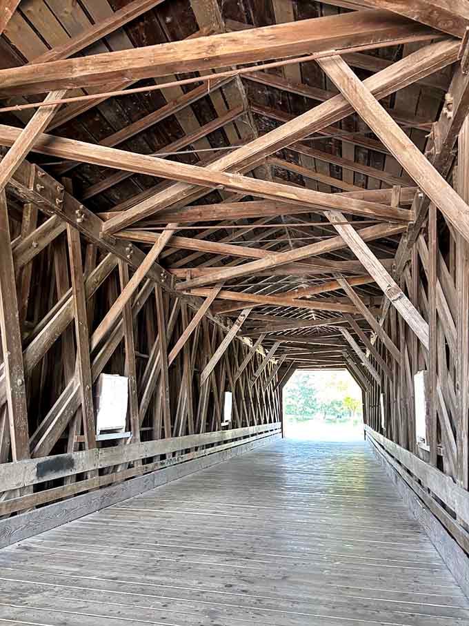Inside, those wooden beams create patterns so intricate they'd make your high school geometry teacher actually interesting.