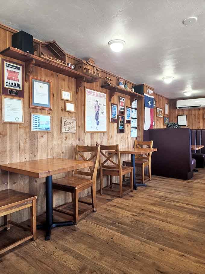 Wood paneling and award certificates create the perfect no-nonsense atmosphere where great smoked meat takes center stage.