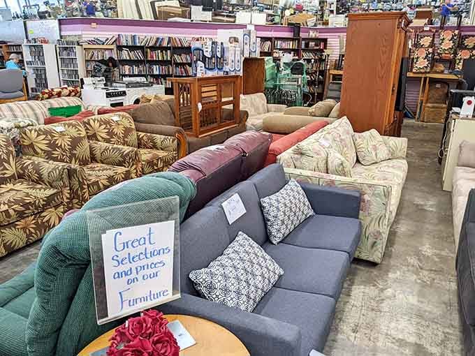 Couches lined up like contestants on a game show, each one ready to win your living room.