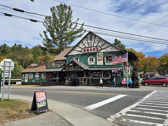 The rustic Adirondack architecture makes this place look like it grew naturally from the forest itself.