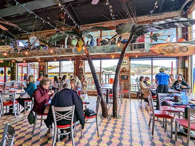 Surfboards overhead, lake views through the windows, and happy diners everywhere prove paradise exists in landlocked territory.