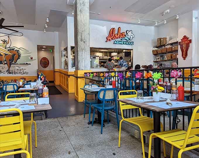 Bright yellow chairs and island vibes create the happiest barbecue joint you've ever seen in your life.