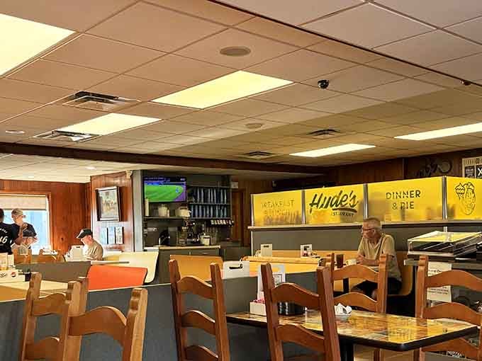 Classic diner vibes with those yellow booths that have probably heard a thousand great conversations over breakfast.