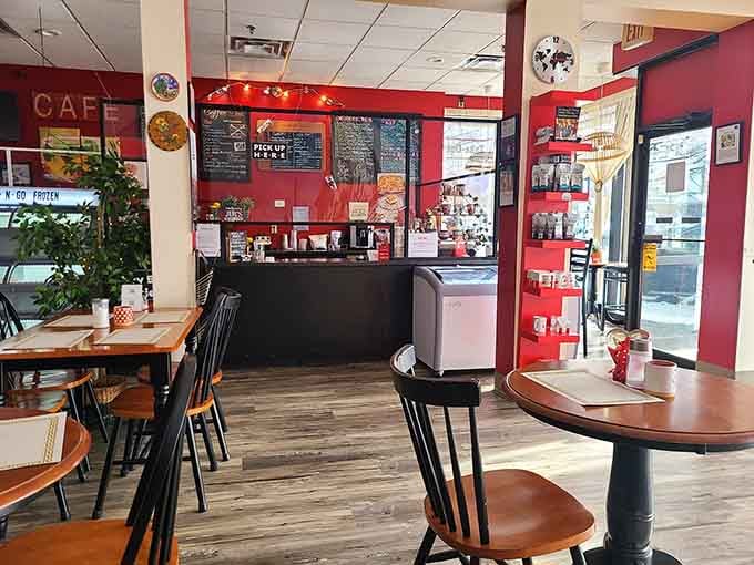 Clean, bright, and welcoming with those cheerful red walls that practically give you a hug when you walk in.