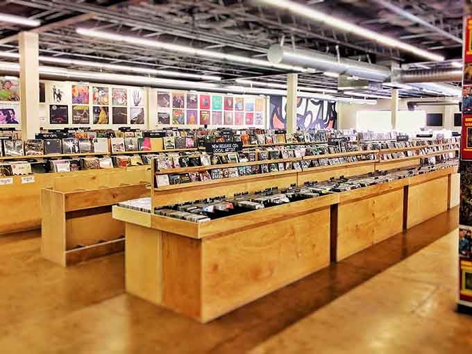 Rows of wooden bins stretch into the distance like a vinyl lover's version of paradise found.