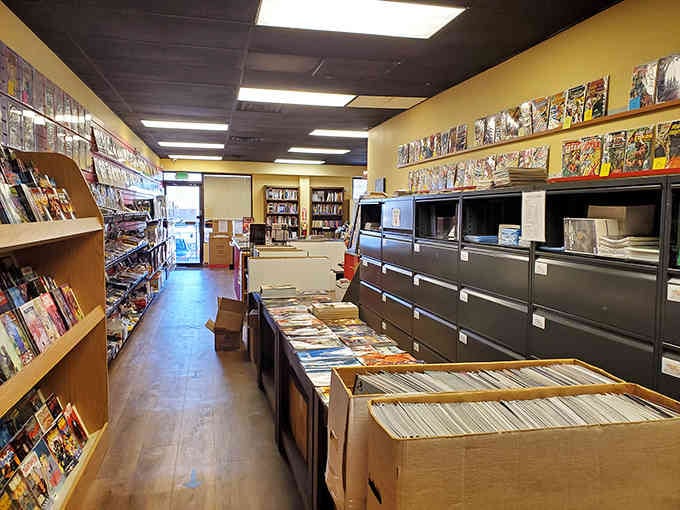 Comics line the walls like colorful sentries, standing guard over your perfect afternoon of browsing and caffeinating.