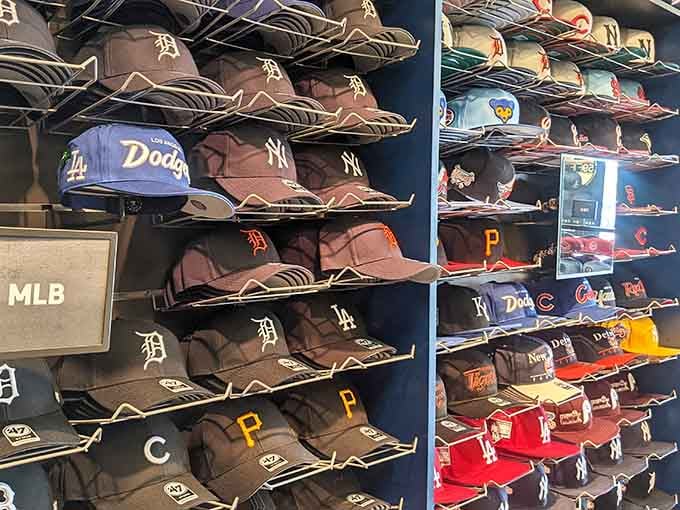 Baseball caps organized like a Hall of Fame display, because your head deserves championship-level style without the MVP price tag.