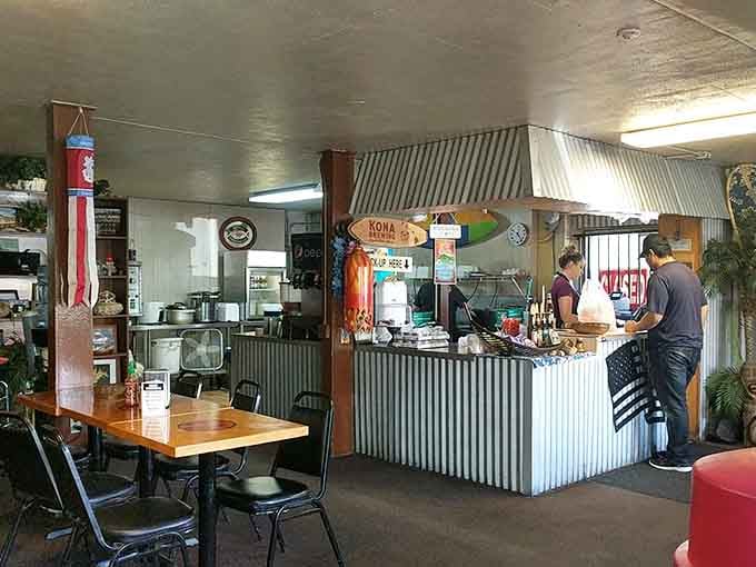 The corrugated metal counter says "casual island vibes" while your nose says "get in line immediately."