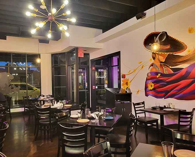 Modern lighting meets traditional artistry, creating an atmosphere that says "special occasion" without the downtown price tag.