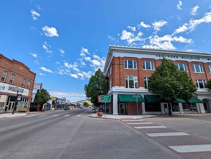 Downtown Lakeview spreads out under endless blue skies, where every storefront tells a different story.