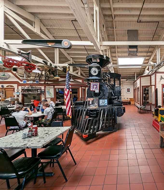 A genuine steam engine dominates the dining room because normal restaurant decor is overrated anyway.