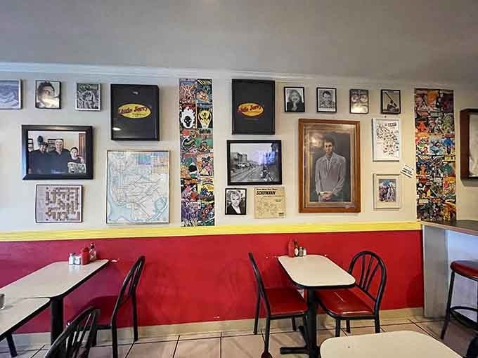 Red and yellow walls plastered with Seinfeld memorabilia create the perfect backdrop for your morning eggs and nostalgia.