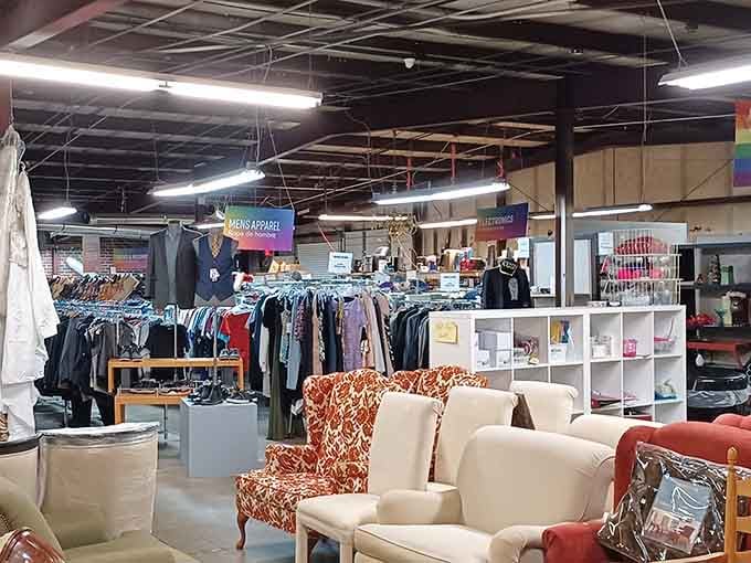 High ceilings and organized racks create a shopping experience that feels more boutique than bargain basement.