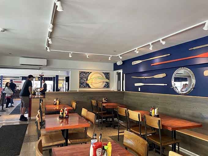 Nautical decor meets modern comfort in a dining room that feels both beachy and surprisingly sophisticated.