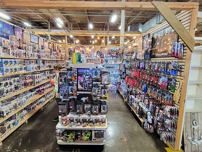 Modern collectibles meet vintage finds in aisles that stretch like a pop culture time machine through decades.