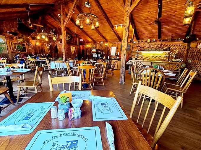 Wooden beams, warm lighting, and mismatched chairs create the kind of atmosphere where calories don't count and time slows down.