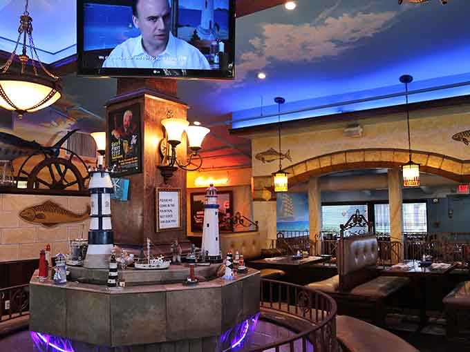 Step inside and you're immediately transported to an oceanic wonderland where fish watch you dine with silent approval.