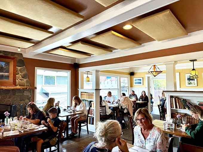Exposed beams and natural lighting create an atmosphere that feels like breakfast at a beloved friend's home.